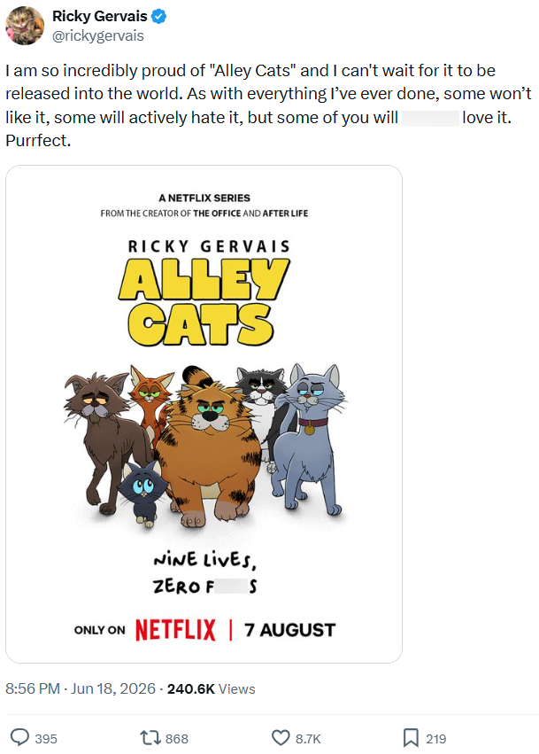 ''The Office' for Cat Lovers': Ricky Gervais’s new adult animated cat ...