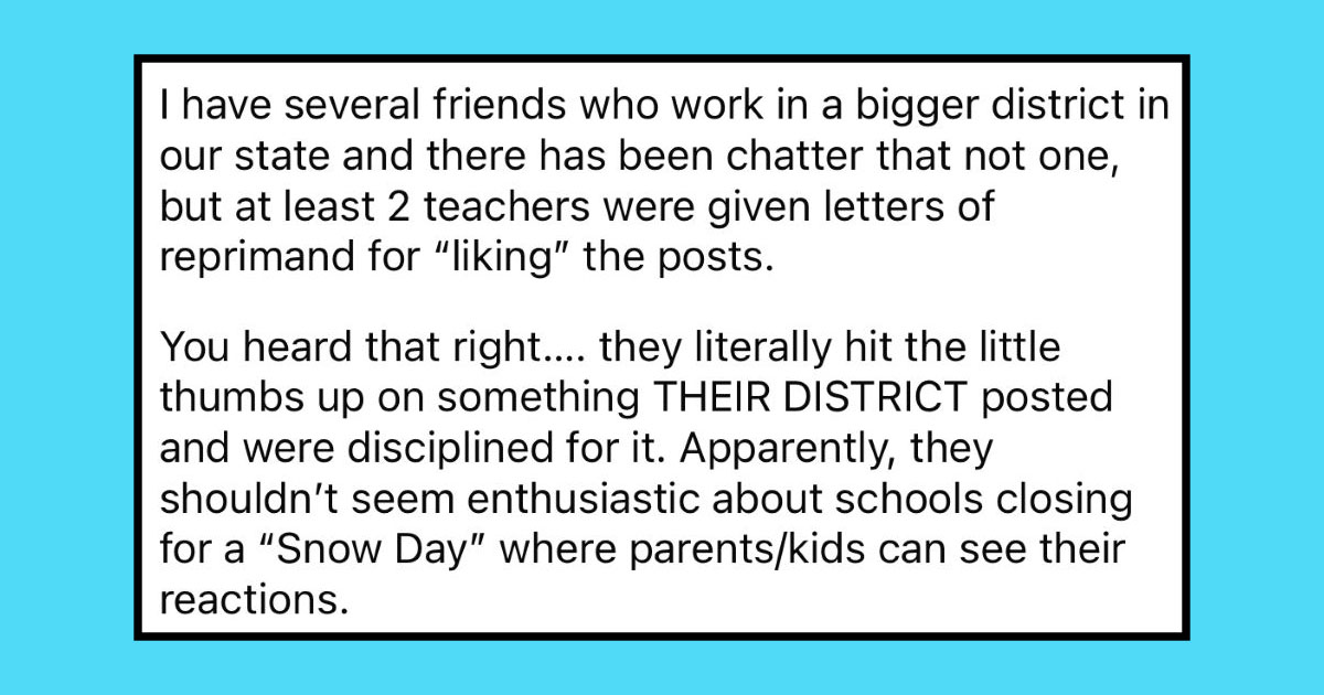 'This is dystopian': Teacher gets reprimanded for 'liking' Snow Day ...
